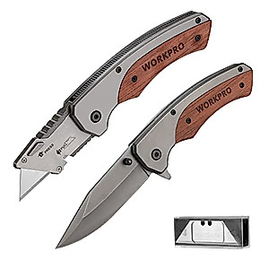WORKPRO Folding Utility Knife & EDC Pocket Knife, Quick-Change Wood Handle Razor Box Cutter and Foldable Knife Kit with Extra 10PC SK5 Blades for Indoor and Outdoor Activities