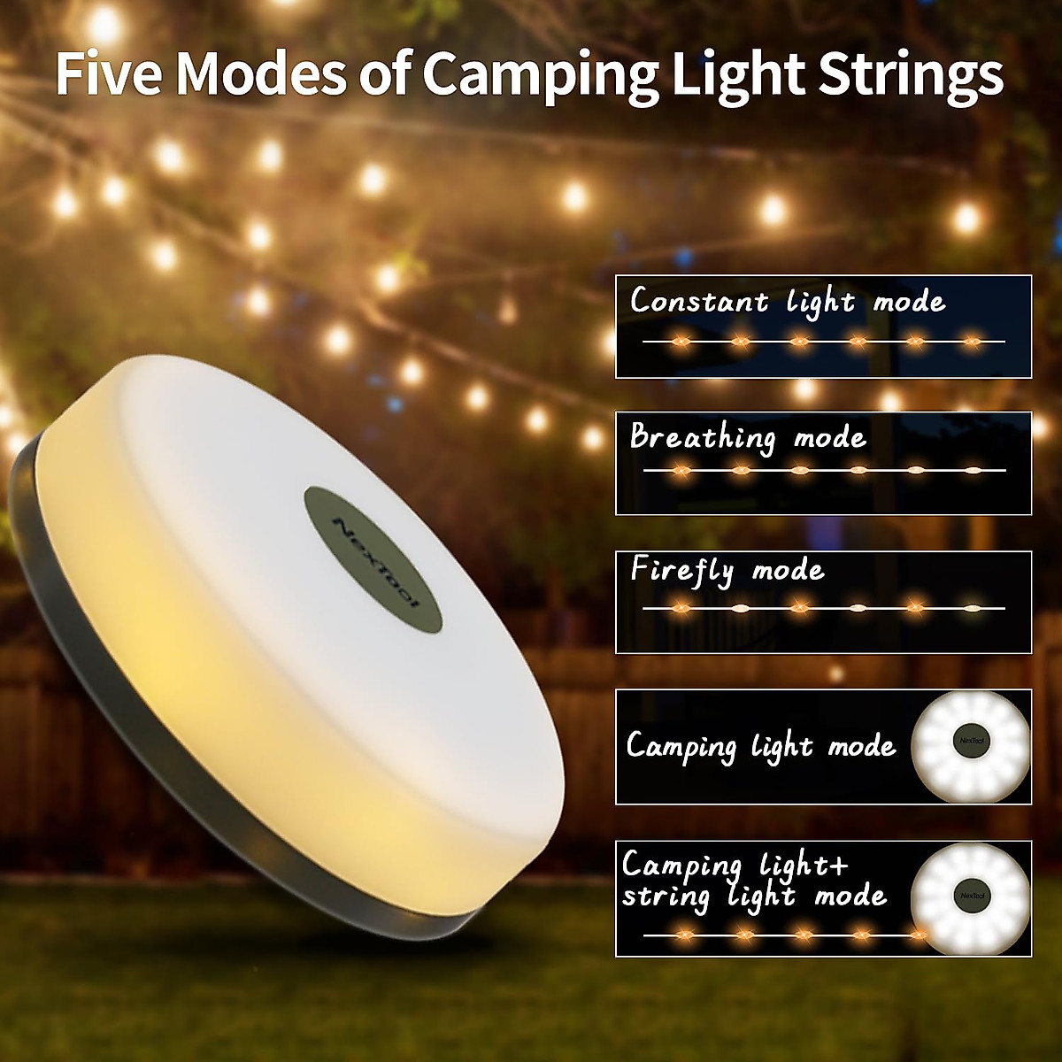 Hiromeco Camping Lights String, Outdoor String Lights with 5 Lighting Modes, Quick 30s Recovery, Durable and Waterproof, USB Charging - Portable Camping Lights for Camping, Yard, and Hiking (32.8ft)