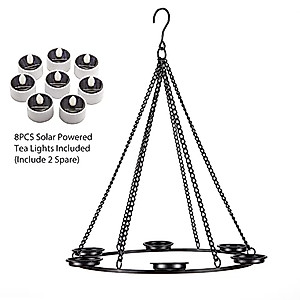 Solar Hanging Lantern, Outdoor Candle Chandelier with 8pcs Solar Powered Tea Lights in Matt Black Finished Metal Candle Holders Perfect for Home, Garden, Backyard, Pergola, Gazebo, Tree, Window Decor