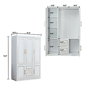 VivaVista White Armoire Wardrobe Closet with 3 Doors Wooden Bedroom Armoires Clothes, Wood Wardrobe Closets Storage Cabinet with Hanging Rod Shelves Drawers Closets