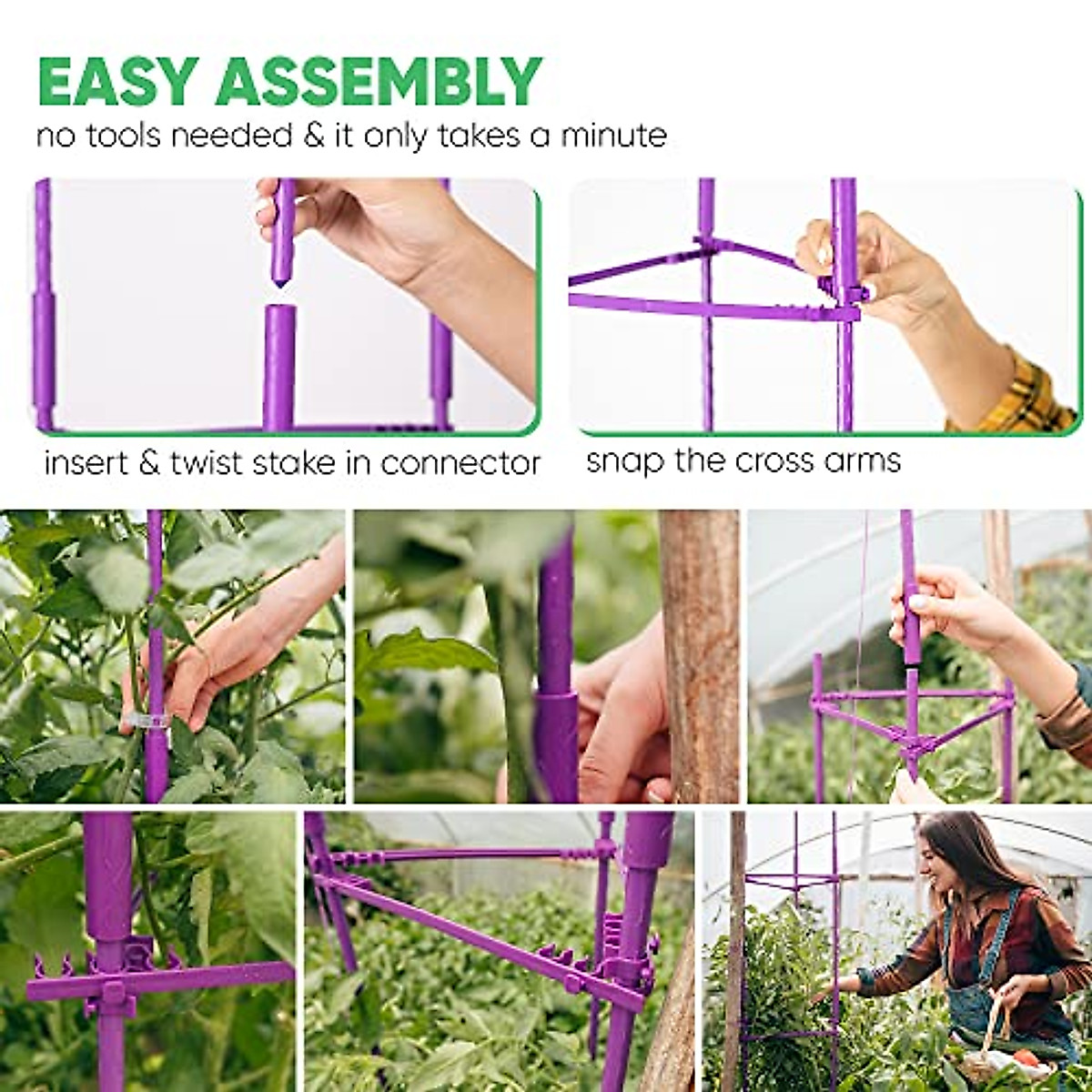 Large Tomato Cages for Garden - 48 Inches, 3-Pack Multifunctional Purple Tomato Plant Support for Vine, Vegetables, Fruits & Flowers with Adjustable Stake Arms - Non-Rusting with 20pcs Plant Clips