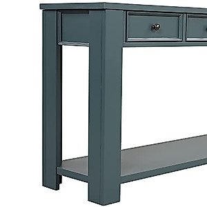INMOZATA Rustic 4-Drawer Console Sofa Table with Storage Shelf, 63 inch Long Entry Side Table Wooden Entryway Hallway Foyer Living Room Sofa Table,Blue