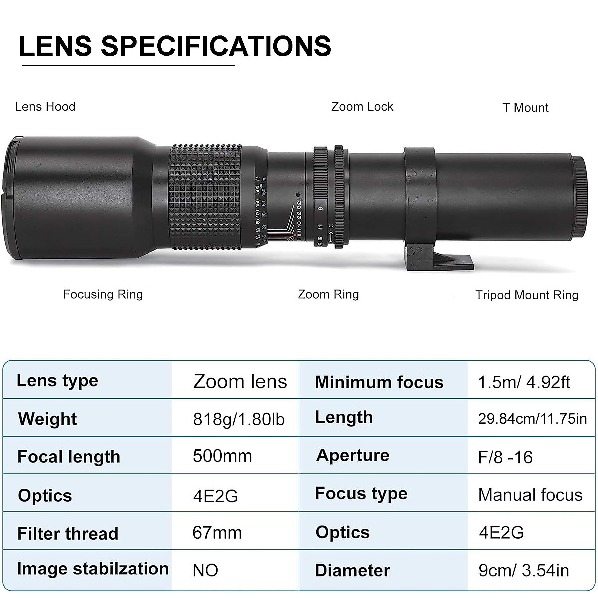 Acuvar 500mm f/8 Manual Telephoto Lens for Canon EOS 80D, 90D, Rebel T3, T3i, T5, T5i, T6i, T6s, T7, T7I, T8I, SL3, 60D, 70D, 5D, EOS5D IV, 6D II, 7D II SLR Cameras (500MM for Canon)