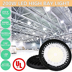 2Pack 200W LED High Bay Light Fixture for Warehouse, 120V 5000K Daylight, 26000LM (800W-1000W HPS/MH Eqv.), UFO LED Highbay Lights with US Plug 6FT Cable, UL IP65 Commercial Bay Lighting,Non-Dim