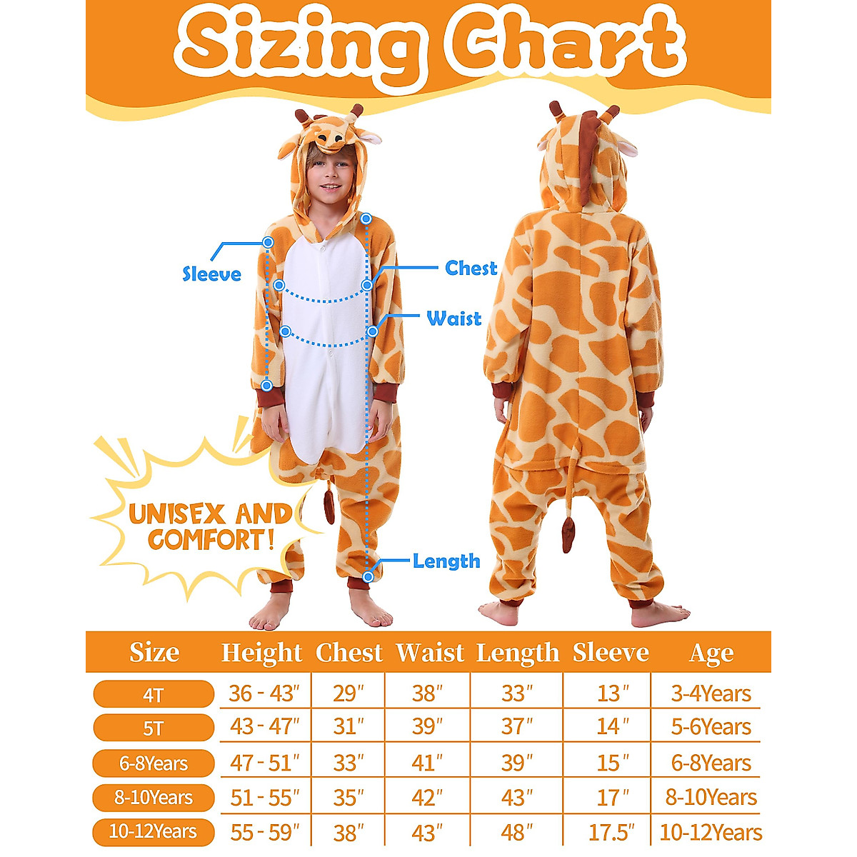 CANASOUR Giraffe Onesie Kids Animal Halloween Cosplay Costume for 5T Girls Unisex Outfuit One Piece Hooded Orange Soft Pajamas Party Boys Suit (5T, Giraffe)