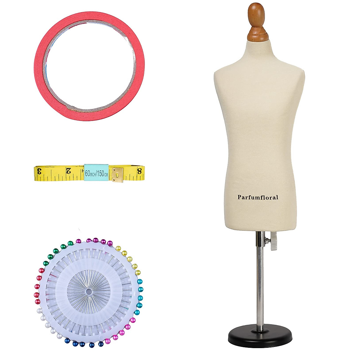 Parfumfloral Male Dress Form Mannequin(Not Full Size Body Height 12.8 inch for Sewing, 1/3 Size Female Tailor Dressmaker Dummy for Pattern Making Fully Pinnable Mannequin with Metal Base (1/3 Beige)