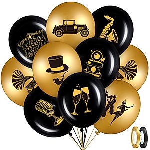 45 Pieces Roaring 20s Party Balloons Decorations Black and Gold Party 20th Birthday Balloons Vintage 1920s Balloons for 20's Retro Jazz Music Party 1920's Themed Birthday Speakeasy Decoration Supplies