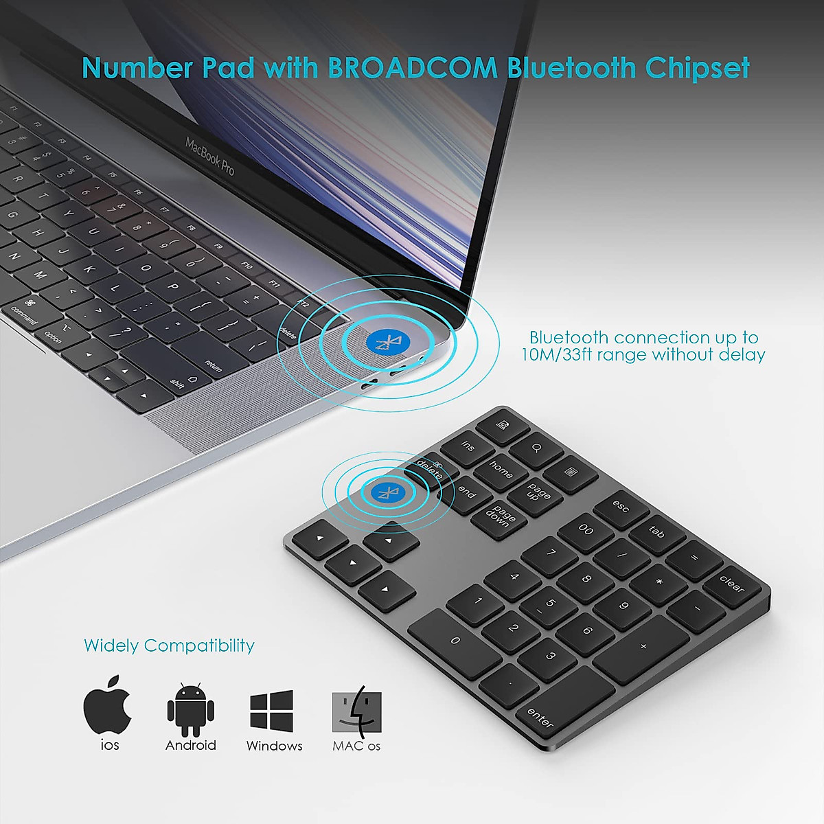 IKOS Bluetooth Number Pad, 34-Key Wireless Portable External Bluetooth Numeric Keypad with Multiple Shortcuts Compatible for Computer Laptop Windows Surface iMac MacBook Surface Pro (Black)