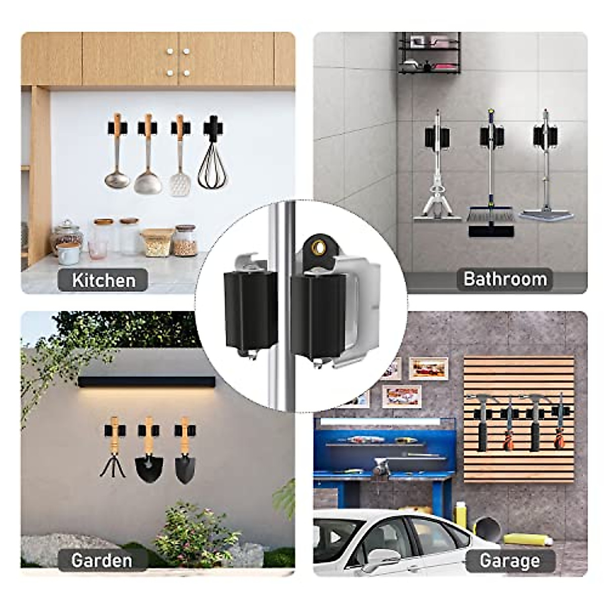 3-H Mop and Broom Holder Wall Mount, Broom Holder Wall Mount 10 Pack, Broom Holder for Garage Garden Shed Storage System Laundry Room Home Kitchen Organization up to 1.45 Inch(Black)