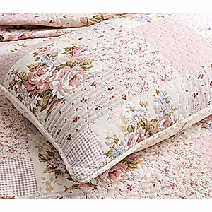Chezmoi Collection Rosy 3-Piece Printed Patchwork Cotton Quilt Set - Pink Flower Floral Striped Polka Dots - Stone Washed Lightweight Bedspread, Queen Size