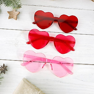 AFNWQI Heart Sunglasses, Heart Shaped Sunglasses, 3-Pack, Transparent Rimless Sunglasses, Colored Sunglasses, Heart Glasses, Heart Sunglasses for Women, Party Glasses (Red+Hot Pink+Pink)