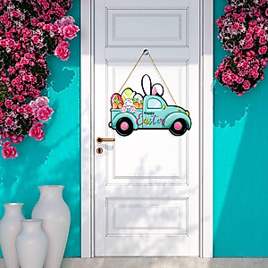 Jetec Happy Easter Hanging Sign Truck Bunny Welcome Wooden Door Sign Truck Hanging Plaque Rustic Wall Sign Yard Indoor Outdoor Garden Decoration with Rope, 13.4 x 10 Inch