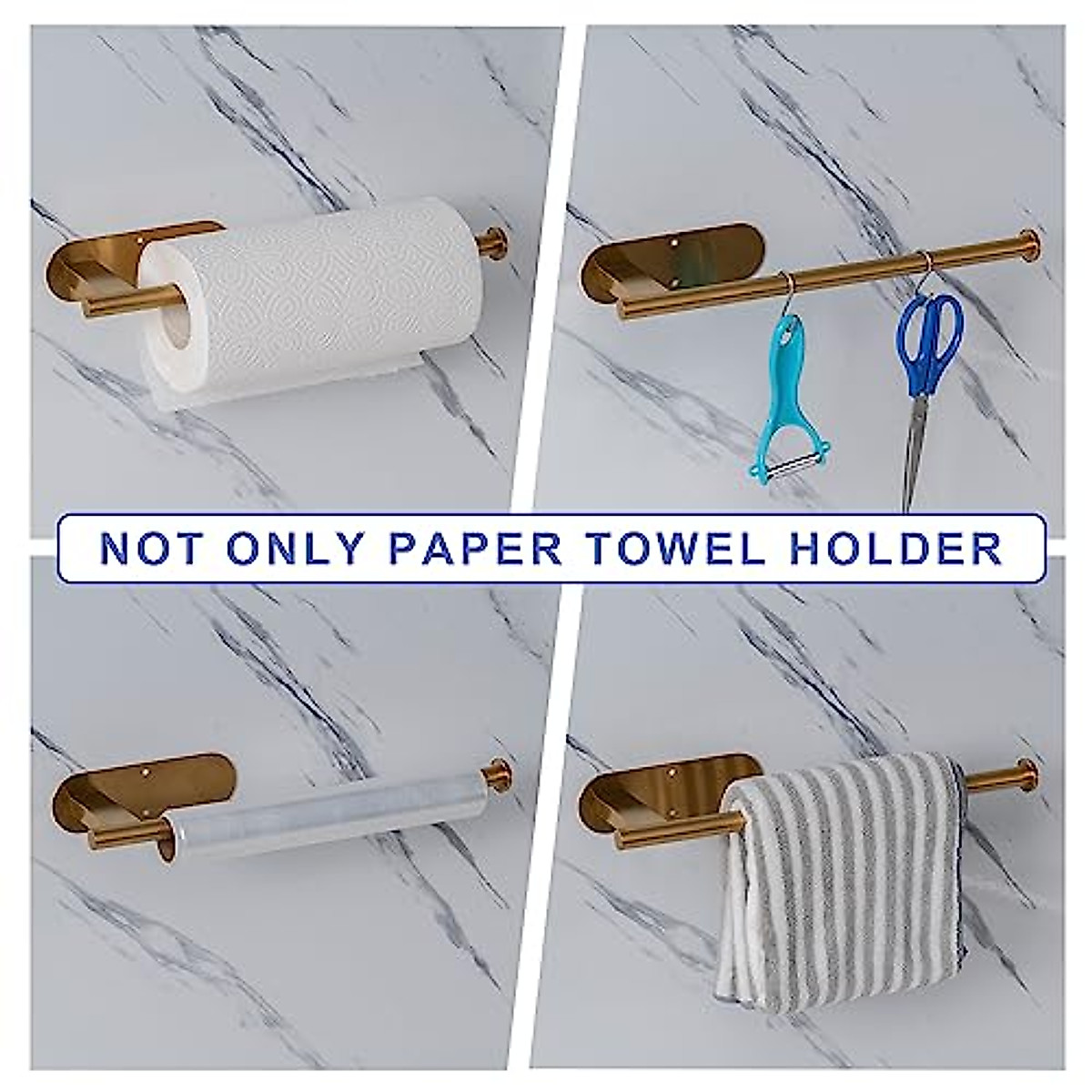 Honmein Paper Towel Holder, Upgrade SUS304 Stainless Steel Paper Towel Holder Under Cabinet, Bend-Resistant, Self-Adhesive or Drill mounting (Gold)