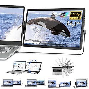 Laptop Screen Extender, 14.1" FHD 1080P IPS Laptop Monitor Extender Dual Screen, Swivel Attachable Portable Monitor for Laptop with USB-C/HDMI Port, Plug n Play for Windows/Mac/Android