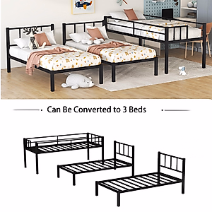 Harper & Bright Designs Triple Bunk Beds for Kids, Metal Twin Over Two Twin Bunk Bed Frame, 3 Beds Bunk Beds with Storage Shelf for Three Kids Boys Girls, Black
