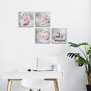 Wall Art Prints Pictures Pink Wall Decor for Bedroom Women Perfume Artwork Girl Bag Paintings for Wall Decorations 10"x 10"x 4 Pieces