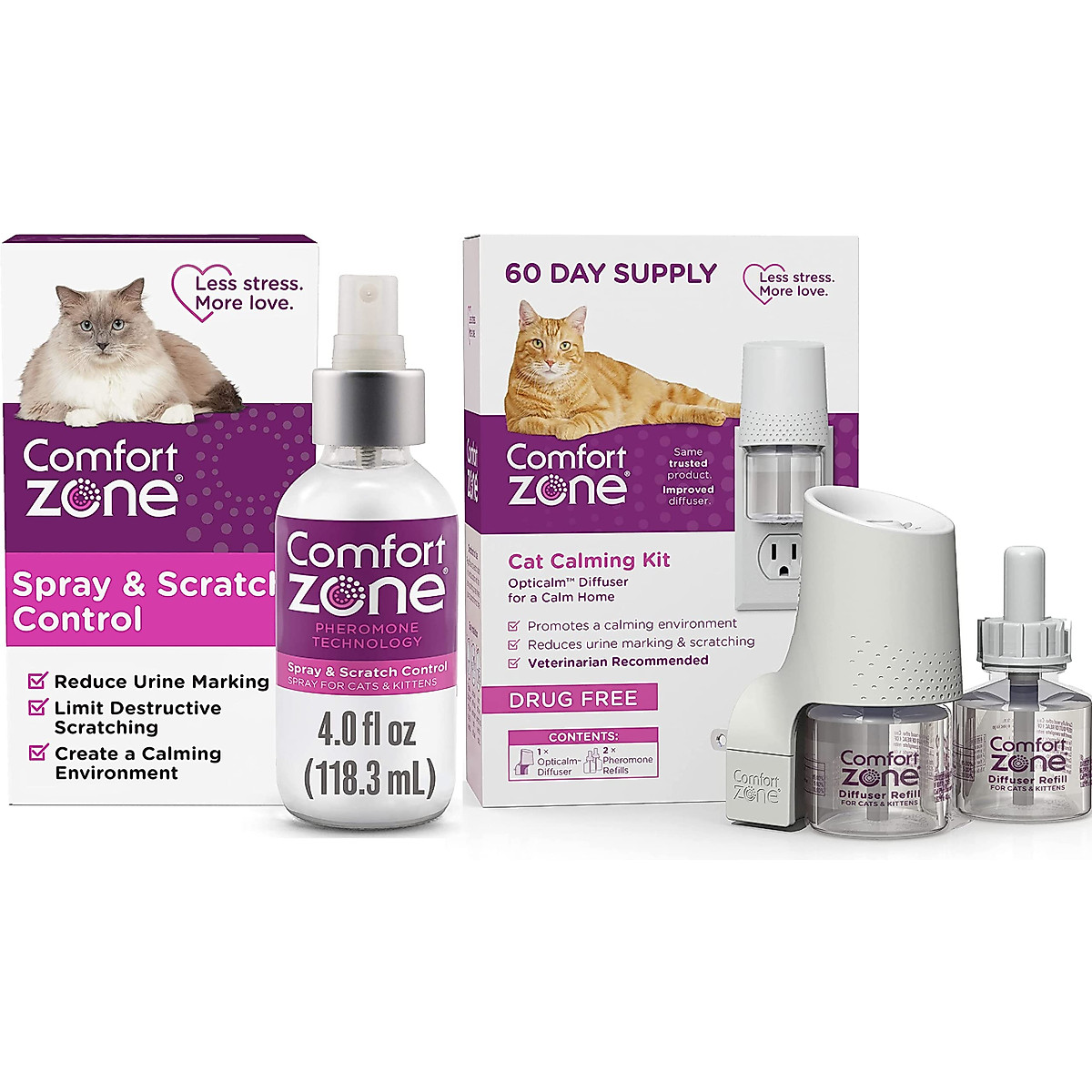 Comfort Zone Cat Calming Spray & Cat Calming Pheromone Diffuser Kit - 1 Diffuser Plus 2 Refill
