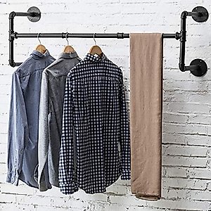 MyGift Wall Mounted Industrial Black Metal Clothes Rod Rack Hanging Garment Bar with Realistic Pipe Bar for Closet Storage and Retail Display