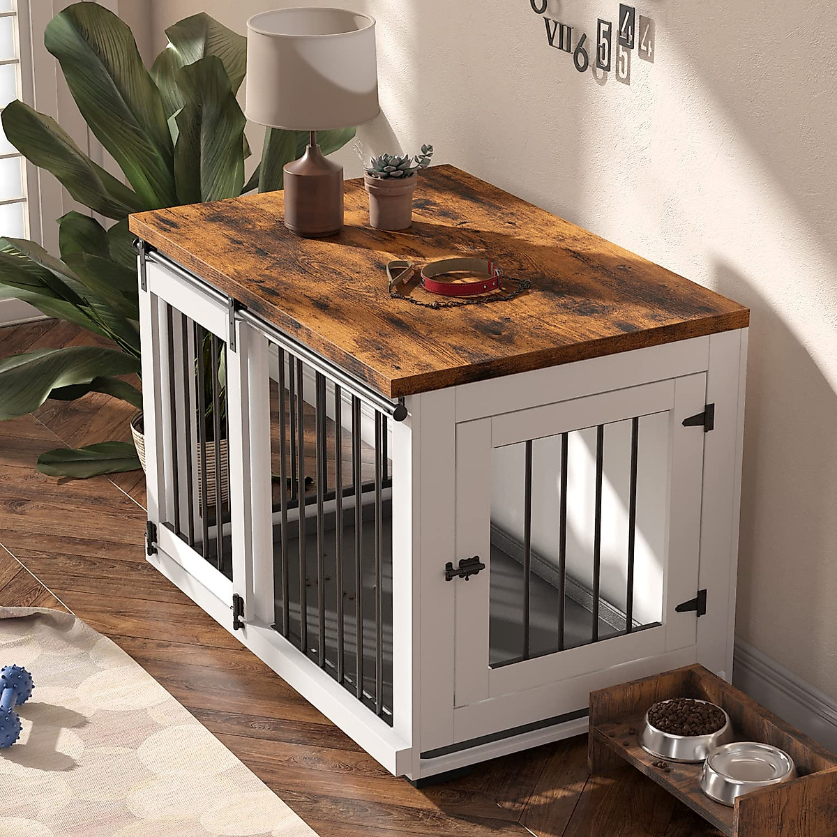 Zakkart Dog Crate Furniture for Large Dogs Up to 60 lbs. - Barn Door Puppy Kennel w/Thickened Farmhouse Top & Metal Bars - 37'' Wide - White Decorative Modern Dog Crate Table, End Table, Nightstand