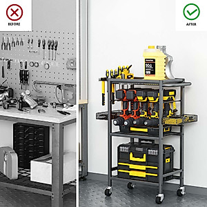 Power Tool Organizer Cart with Wheels, Garage Tool Shelf Drill Holders Garage Storage Organization Shelves with Screwdriver Heavy Duty Rack for Workshop Tool Room and Outdoors Working