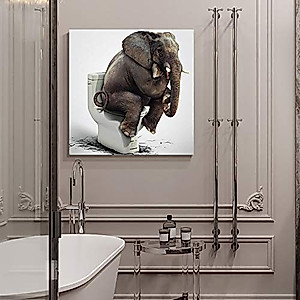 Chucoco Oil Paintings on Canvas Funny Elephant Sitting on the Toilet Abstract Wall Art Print with Framed Ready to Hang, Living Room Kitchen Bedroom Home Decorations 20x20 inch