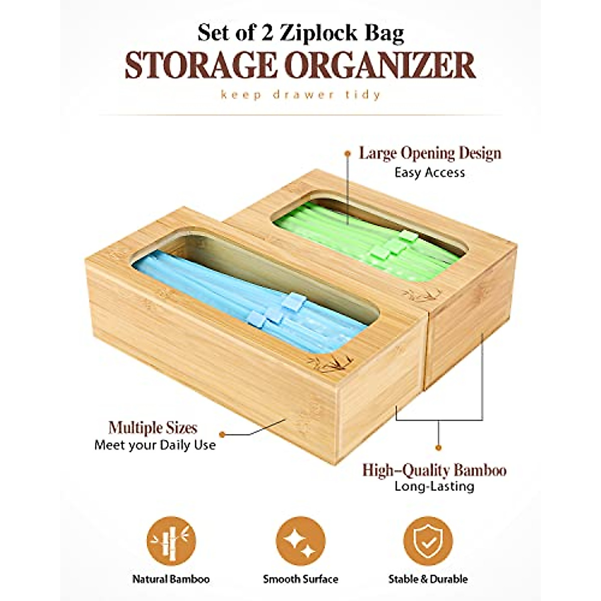 Set of 2 Ziplock Bag Storage Organizer, Bamboo Kitchen Food Bags Holder,Counter Drawer Dispenser for Gallon, Quart, Sandwich & Snack Variety Size Bag