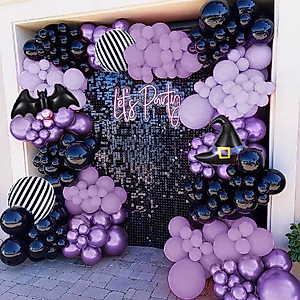 Halloween Balloon Garland Arch Kit, 154pcs Metallic Dusty Macron Purple and Black Balloon with Witch Hat Bat Striped Foil Balloons for Halloween Vampirina Nightmare Prom Horror Themed Party Decoration