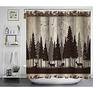 SKAILIÉ 4PCS Deer Shower Curtain Set, Moose Elk Bear Pine Tree Woodland Animal Wildlife Hunting Lodge Cabin Country Rustic Farmhouse Bathroom Decor, Waterproof Fabric Shower Curtain, Non-slip Bath Mat