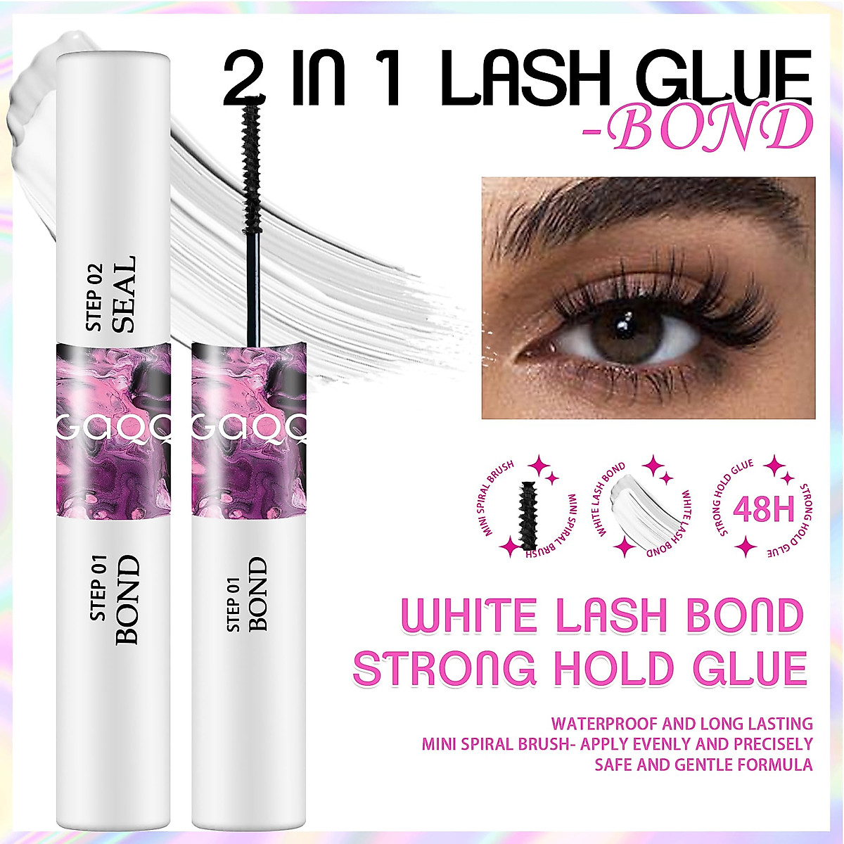 GAQQI Lash Bond and Seal, Lash Cluster Glue for DIY Lash Extensions, 48 Hours Long Lasting Waterproof Lash Adhesive Glue, Non-irritating Flase Lashes Glue for Sensitive Eyes (White Bond)