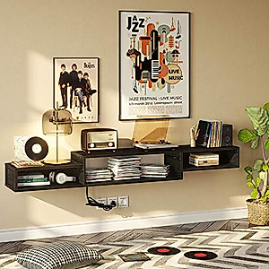 Rolanstar TV Stand with Power Outlet, 71" Floating TV Stand, Wall Mounted Media Console for 43/50 / 55/60 inches TV, Entertainment Storage Shelf for Living Room, Black