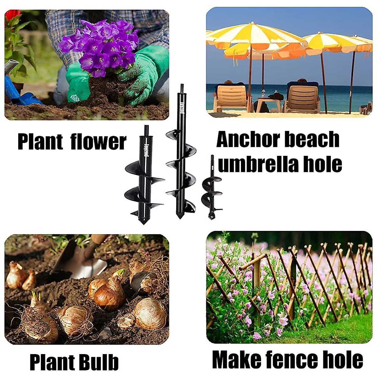 Jayzod Auger Drill bit for Planting 1.6”X10"&4”X12"&3.5”X20"Black Garden Auger Spiral Drill Bit,Bulb & Bedding Drill Augers,Plants Drill bit for 3/8” Hex Drive Drill