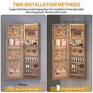 LVSOMT LED Jewelry Mirror Cabinet 47.2", Wall/Door Jewelry Armoire Organizer, Full-Length Mirror with Jewelry Storage, Over The Door Hanging Mirror, 2 Drawers, Lockable, Wood