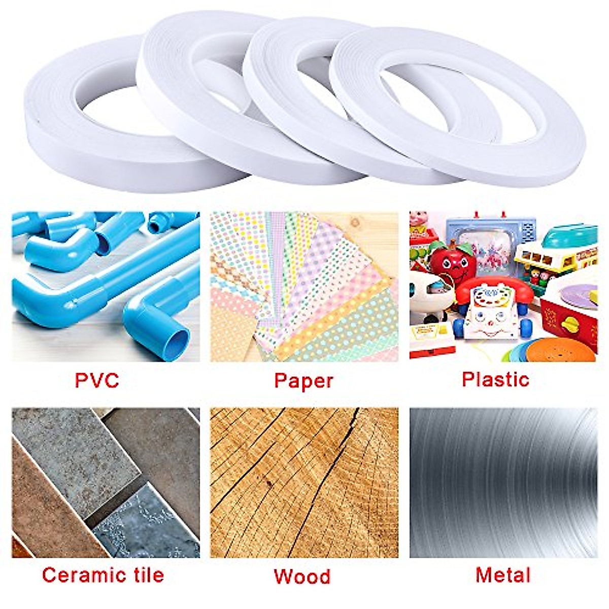 SIQUK 4 Rolls Double Sided Tape Strong Adhesive Sewing Tape with 1pc Mini Scissor for Craft Class Office, 39.4 Yards Each Roll (Width: 6mm/ 9mm/ 12mm/ 15mm)