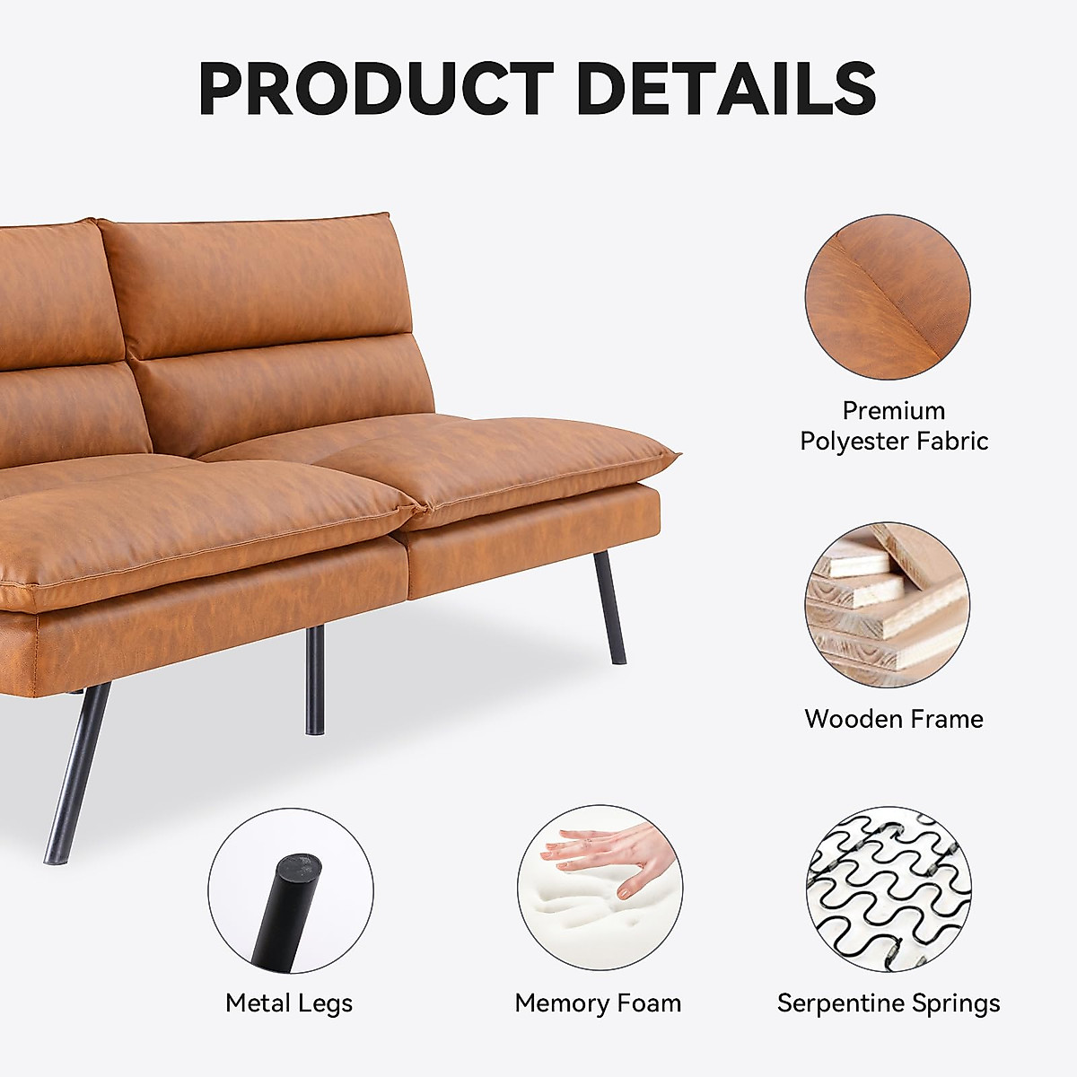 Hcore Convertible Futon Sofa Bed,Brown Faux Leather Memory Foam Loveseat,Small Euro Lounger Sofa for Compact Living Spaces,Apartment,Dorm,Studio,Guest Room,Home Office/Cushion Thickening