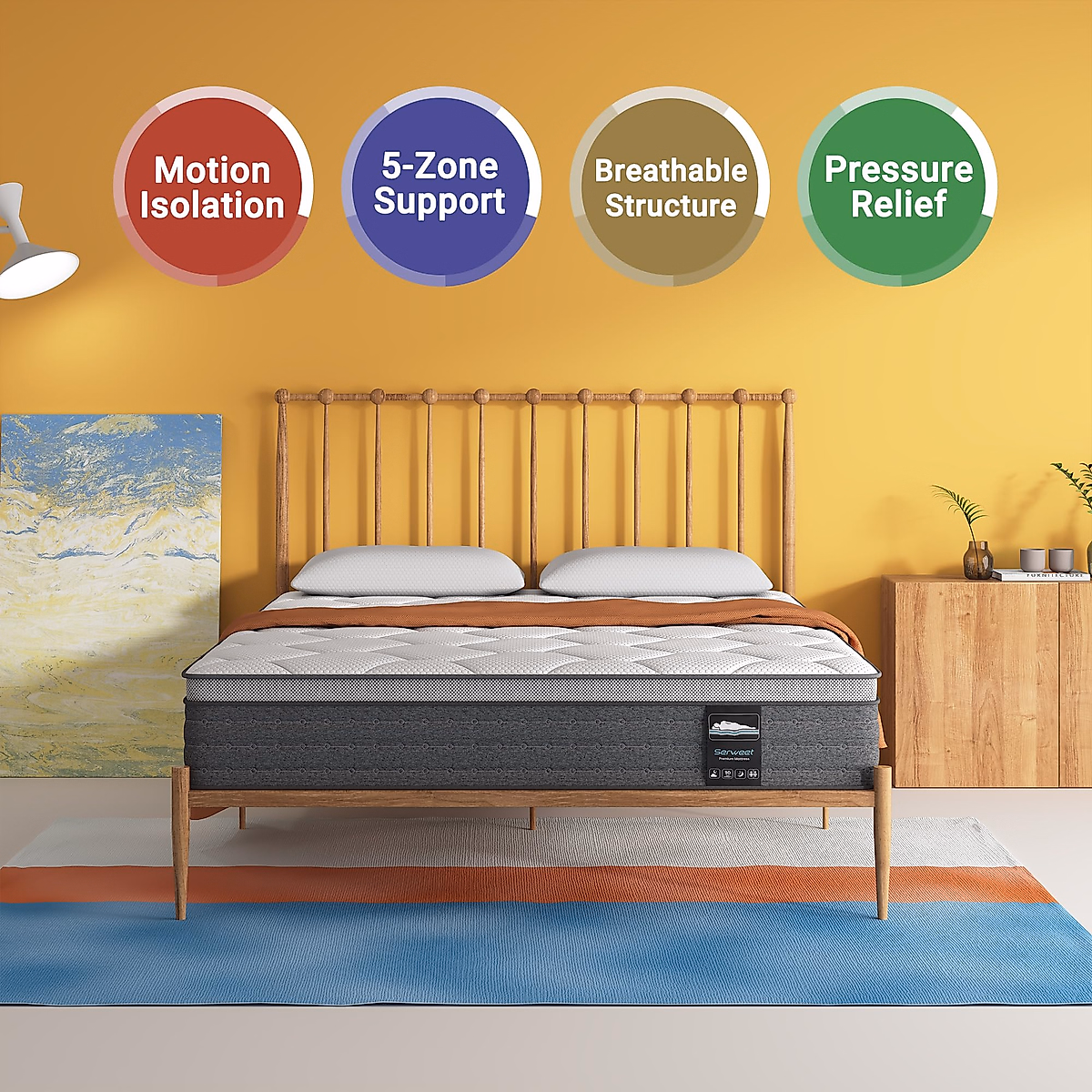 Serweet 12 Inch Memory Foam Hybrid Queen Mattress - 5-Zone Pocket Innersprings for Motion Isolation -Heavier Coils for Durable Support -Medium Firm -Fiberglass-Free - Made in Century-Old Factory