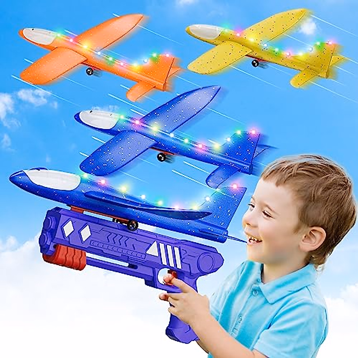 Ceekan 3-Pack LED Airplane Toy, Foam Glider with Plane Launcher - Catapult Plane with 2 Flight Modes, Kids Gifts Flying Toy for 3 4 5 6 7 8 9 10 11 12 Year Old Boys Girls