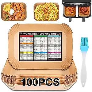 Air Fryer Liners, 100PCS Disposable Rectangle Air Fryer Parchment Paper Liners for All 8QT-10QT Dual Basket Fryer, 8.6''x5.5'' Baking Paper, Air Fryer Accessories for Ninja DZ201 DZ401(Free Oil Brush)