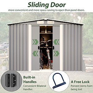 EMKK 10x8 FT Outdoor Storage Shed, Galvanized Steel Metal Garden Shed with Double Sliding Lockable Door, Floor Frame, Vents, Waterproof Tool Shed for Backyard, Lawn, Patio, Teak