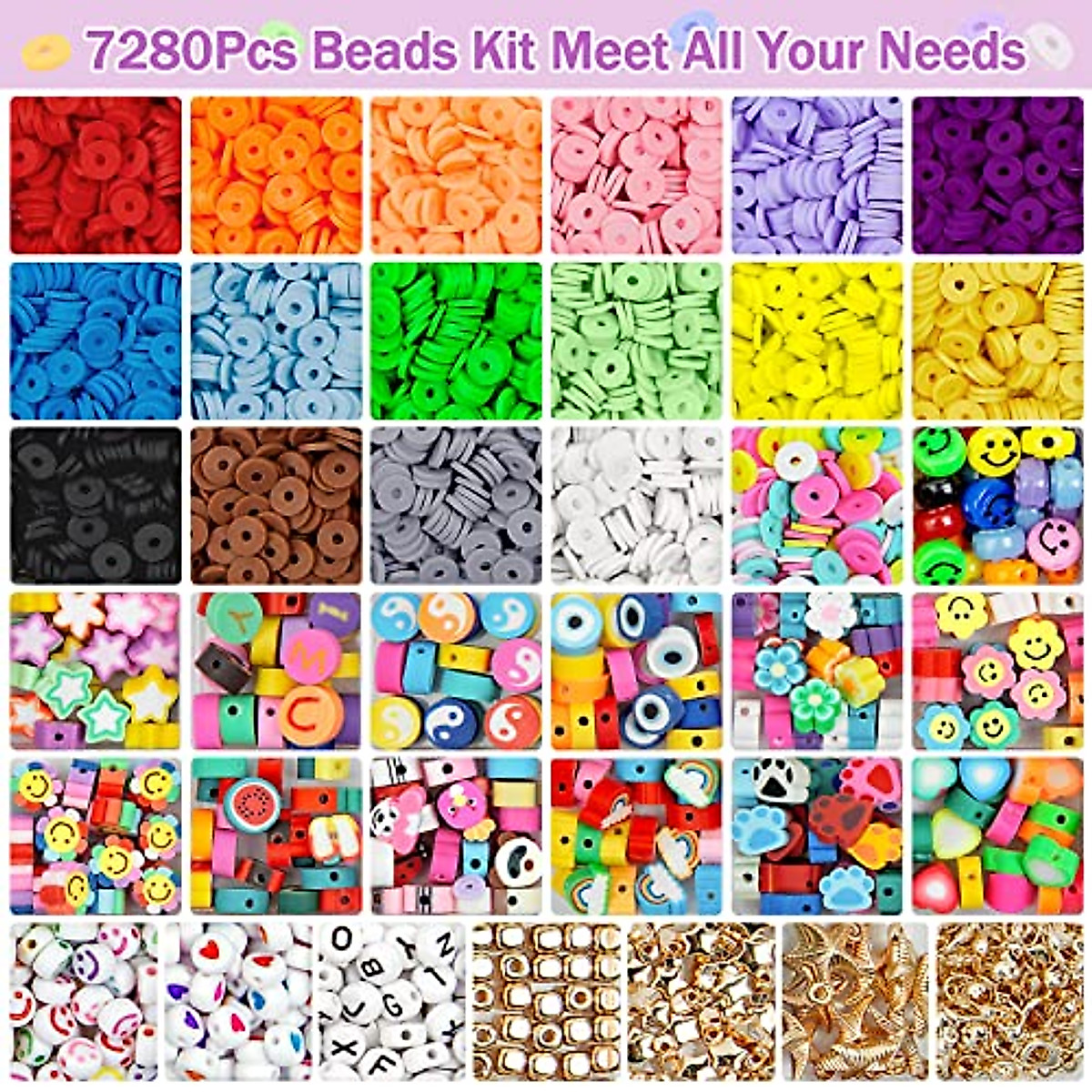 Korlon 7280 Pcs Clay Beads for Bracelets Making, Including 240 Pcs Fruit Flower Polymer Clay Bead Charms with Round Flat Heishi Clay Bead Kit for DIY Craft Necklace Jewelry