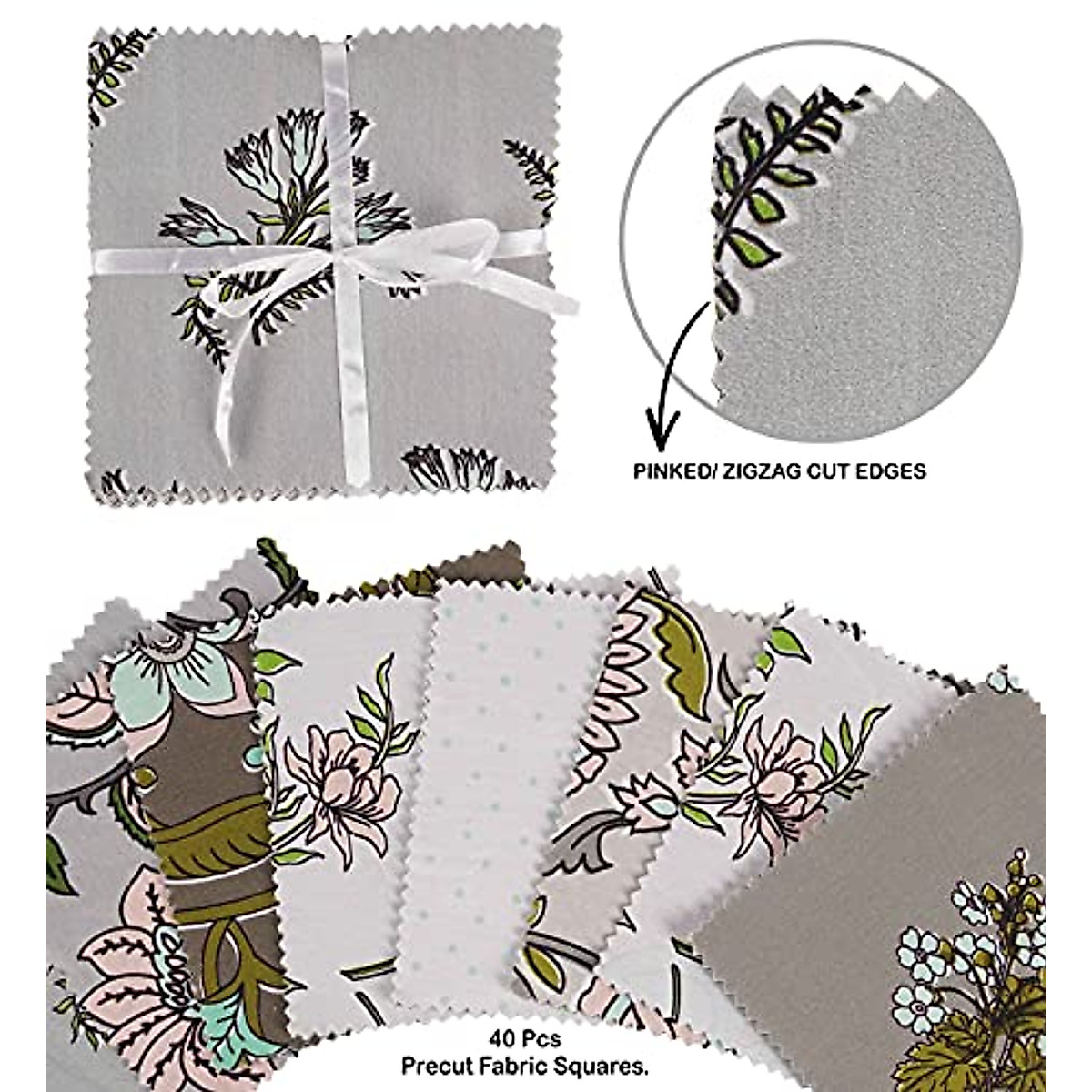 Soimoi Florals Print Precut 5-inch Cotton Fabric Quilting Squares Charm Pack DIY Patchwork Sewing Craft- Light Gray