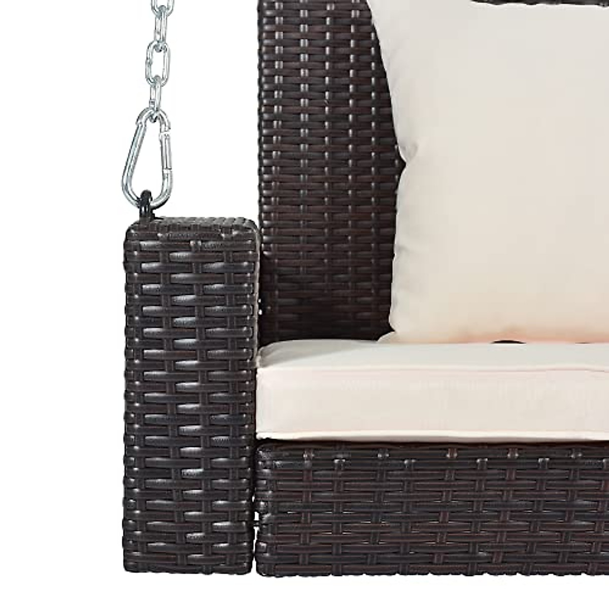 FANYE Outdoor PE Wicker Swing Chains, Pillows for Garden, Backyard, Pond Porch Furniture Set, 2 Seaters Double Rattan Cushioned Conversation Hanging Sofa & Couch, Brown+Beige
