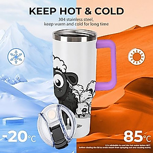 LLUTSNTH 40 Oz Vacuum Tumbler with Violet Handle Leakproof Insulated Tumbler Cartoon Black White Sheep Stainless Steel Travel Mug with Lid And Straw Coffee Cup Cute Water Bottles Cup Holder Friendly
