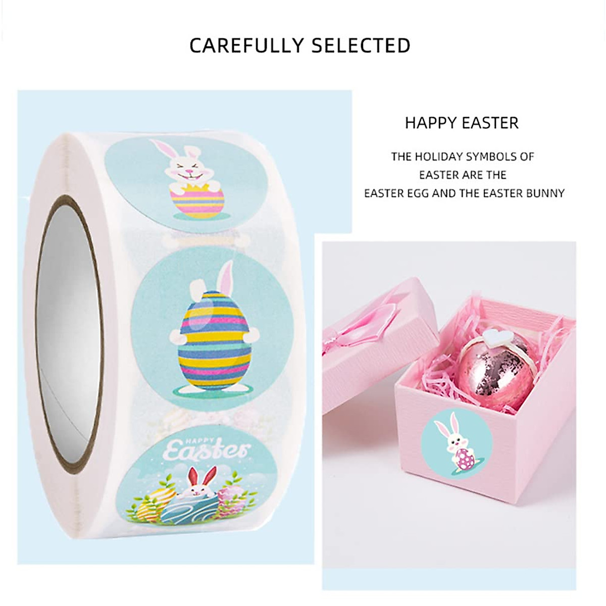 Happy Easter Stickers 500Pcs 1.0 Inch Easter Label Stickers with 8 Style Happy Easter Egg Bunny Rabbit Design Self-Adhesive Seal Sticker Roll for Envelope Gift Box Cards Easter Party Decorations