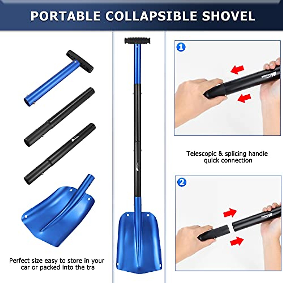 43" Aluminum Snow Shovel for Car Trunk, 4 Sections Collapsible Design Garden/Sport Utility Shovel Portable Snow Scoop Sand Mud Snow Removal Tool for Camping & Outdoor Activities (Blue)