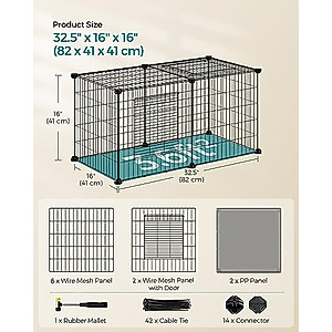 SONGMICS Small Animal Playpen, Pet Cage with Top and Base, 2 Doors, Easy to Clean, Metal Wire Guinea Pig Pen for Hamsters, Hedgehogs, L, 32.5 x 16 x 16 Inches, Black ULPI009B01