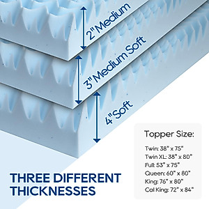 3 Inch 7-Zone Memory Foam Mattress Topper King with Removable Cover, Cooling Gel-Infused Swirl Egg Crate Memory Foam, Standard 100 by Oeko-TEX Certified, Blue