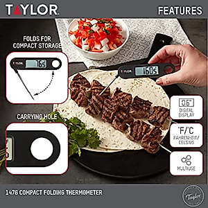 Taylor Instant Read Digital Meat Food Grill BBQ Cooking Kitchen Thermometer, Folding Probe, Black