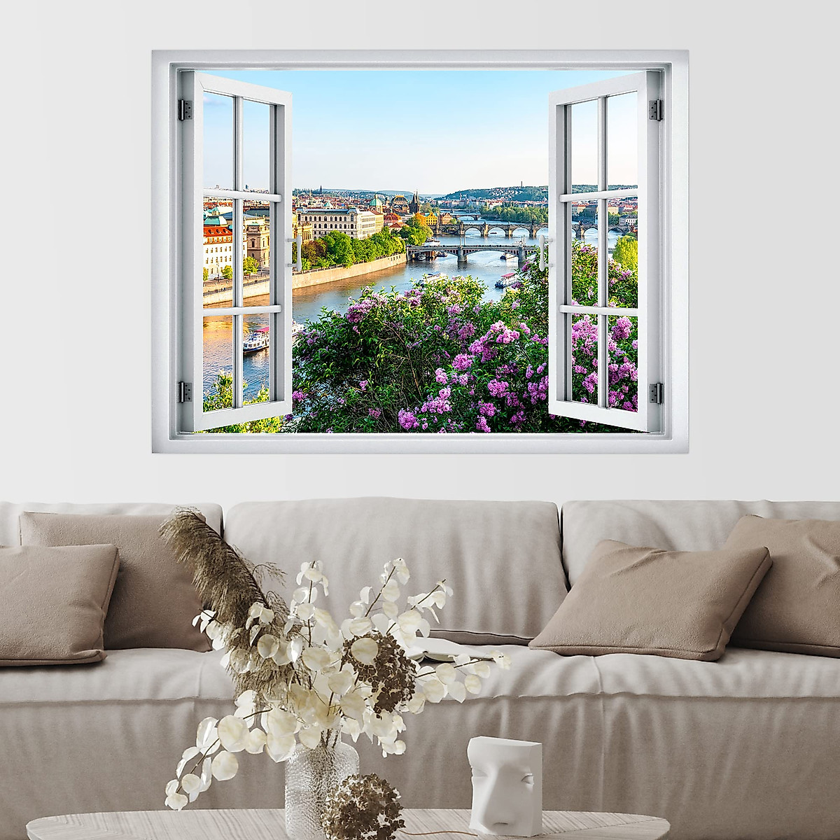 SIGNWIN Removable Wall Sticker/Wall Mural Window View Italian Flower Field Cityscape Nature Wilderness Photography Realism Decorative Landscape Digital Art for Living Room, Bedroom, Office - 24"x32"
