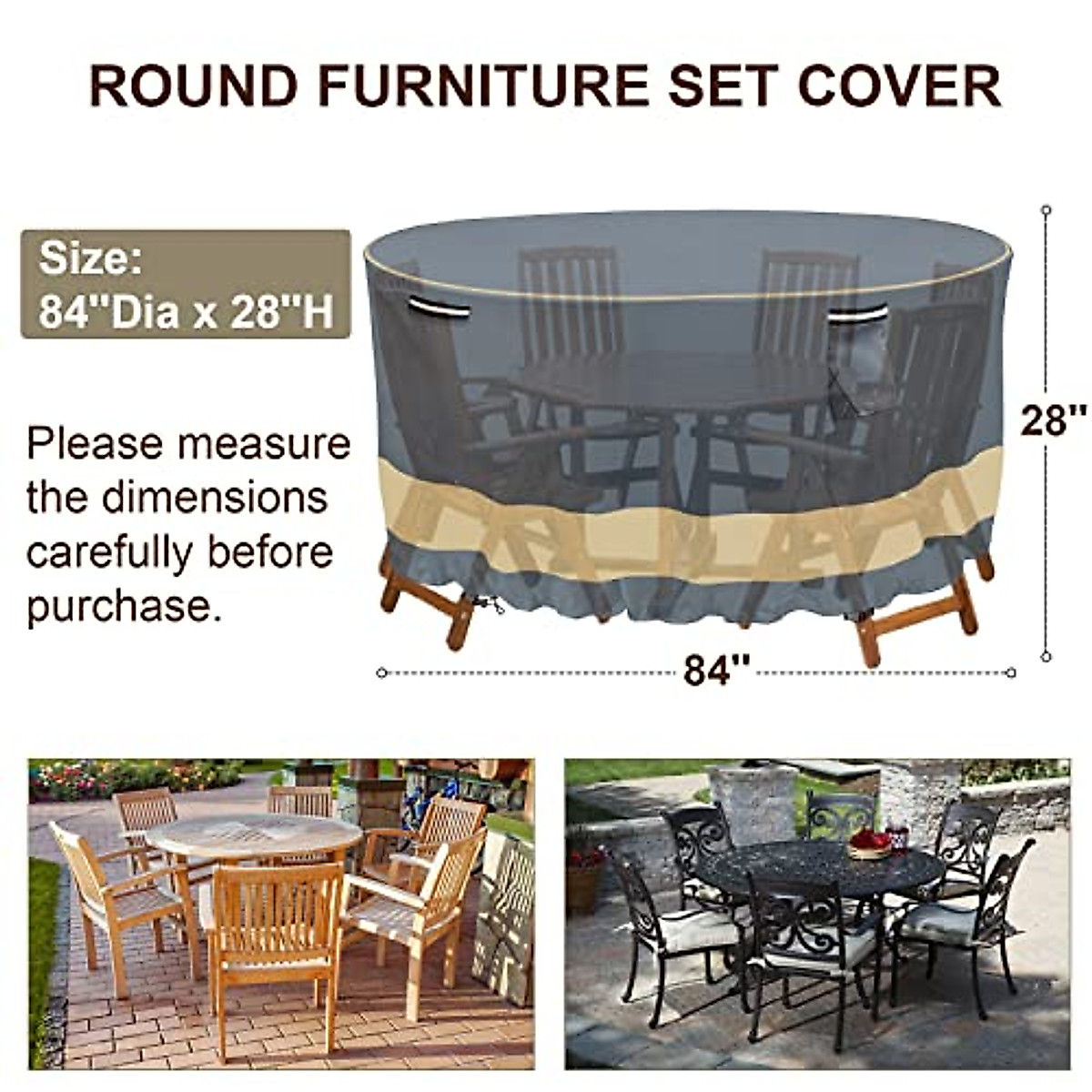 Round Patio Furniture Covers Waterproof & Heavy Duty 84 Inch, 600D Oxford Cloth Outdoor Patio Table Cover, 84" Dia x 28 H Patio Covers for Outdoor Furniture & Dining Table and Chairs Set