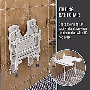 HealthSmart Wall Mount Fold Away Bath Chair Shower Seat Bench with Adjustable Legs, FSA and HSA Eligible, Seat 16 x 16 Inches, White
